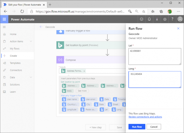 Using the Bing Maps Actions in Power Automate › Undocumented Features