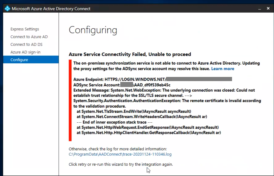 AAD Connect Error: Azure Service Connectivity Failed (subtitled: Verify ...